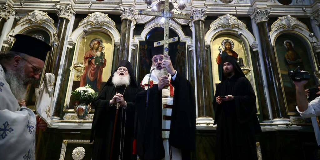 Nighttime procession and Liturgy with relic from Mt. Athos in Greek ...